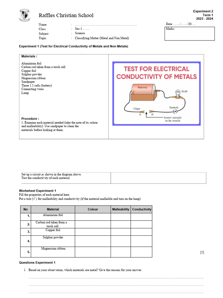 Experiment 2 - Sec 1 - Test For Metals and Non-Metals | PDF | Chloride ...
