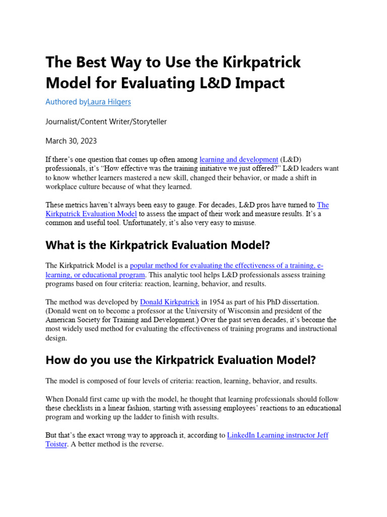 The Best Way To Use The Kirkpatrick Model For Evaluating L | PDF ...