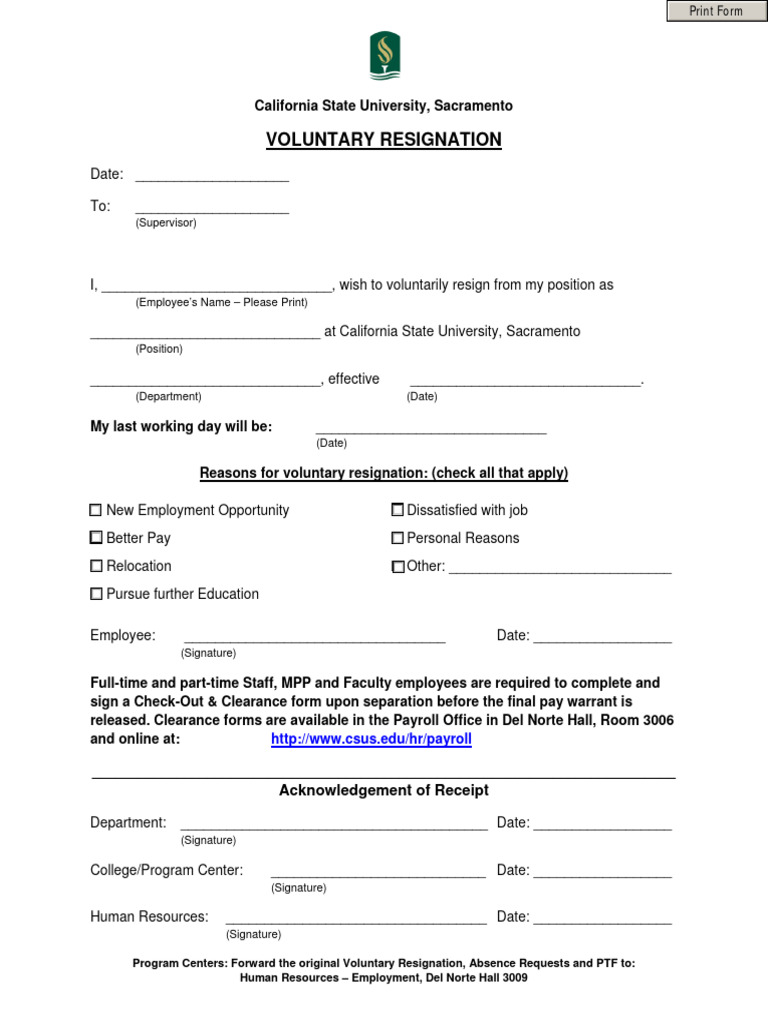 CSUS Voluntary Resignation Form | PDF | Career & Growth