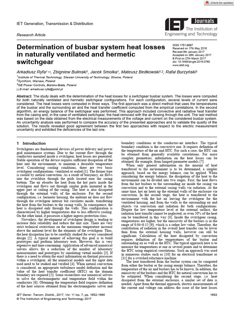Iet Generation Trans Dist 2017 Ryfa Determination Of Busbar System Heat Losses In