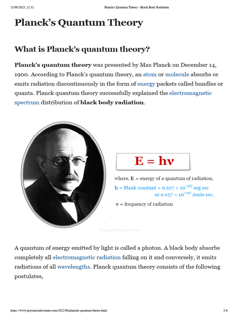 Planck's Quantum Theory - Black Body Radiation | PDF | Electromagnetic Radiation | Quantum