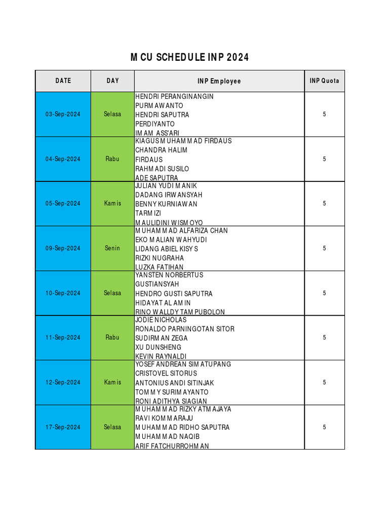 MCU INP Employee Schedule 2024 | PDF
