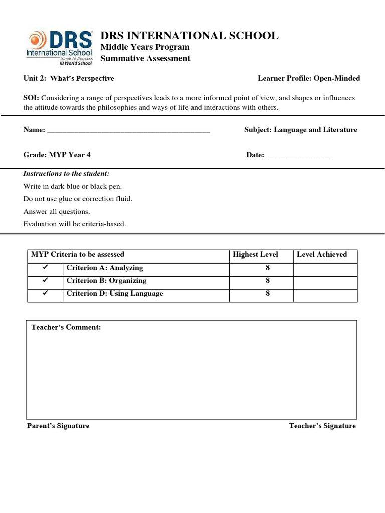 MYP 4 Unit2 Summative Assessment Criterion A B | PDF | Narration ...
