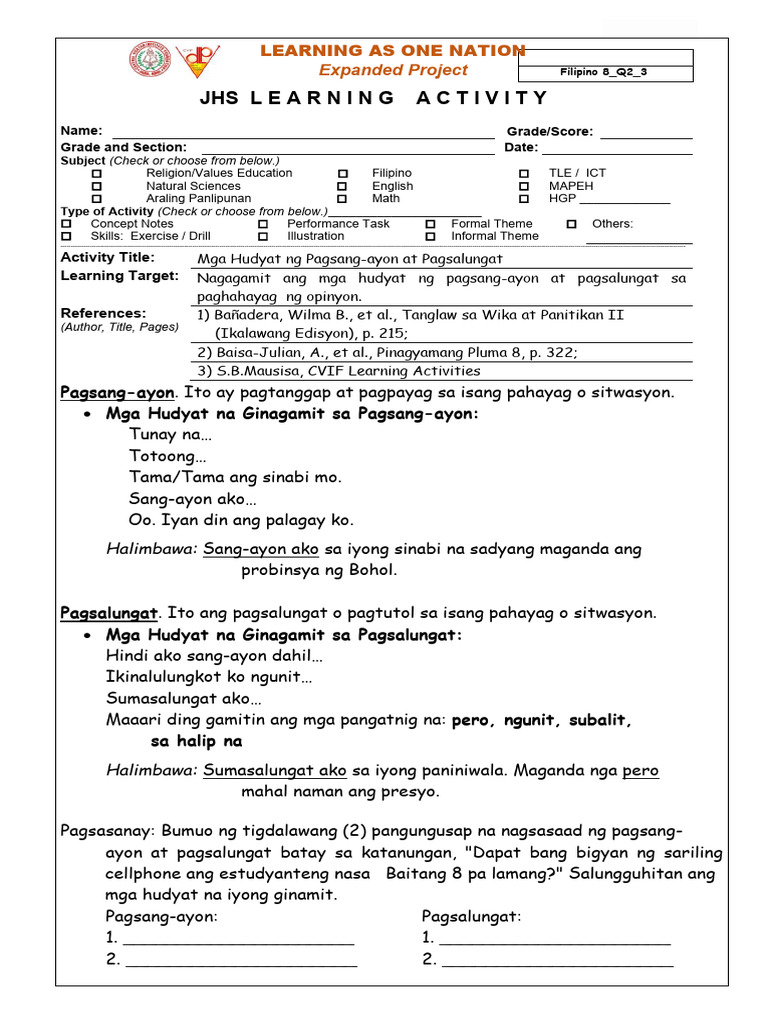 Filipino 8 Q2 LAS 3 Mga Hudyat NG Pagsang - Ayon at Pagsalungat | PDF