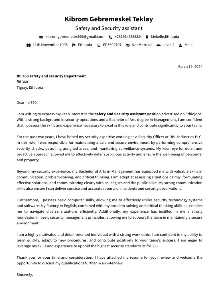 Kibrom Gebremeskel Teklay FlowCV Cover Letter 20240319 | PDF | Critical Thinking | Cognition
