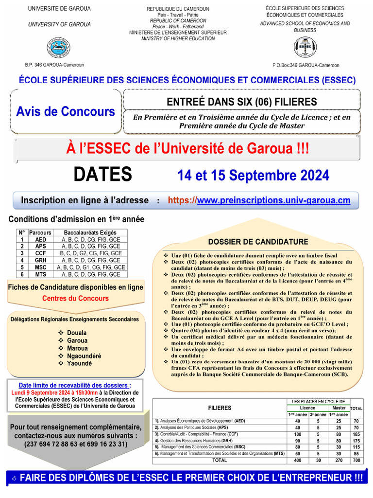 Concours ESSEC Garoua 2025 : Inscription et Détails | PDF | Économie ...