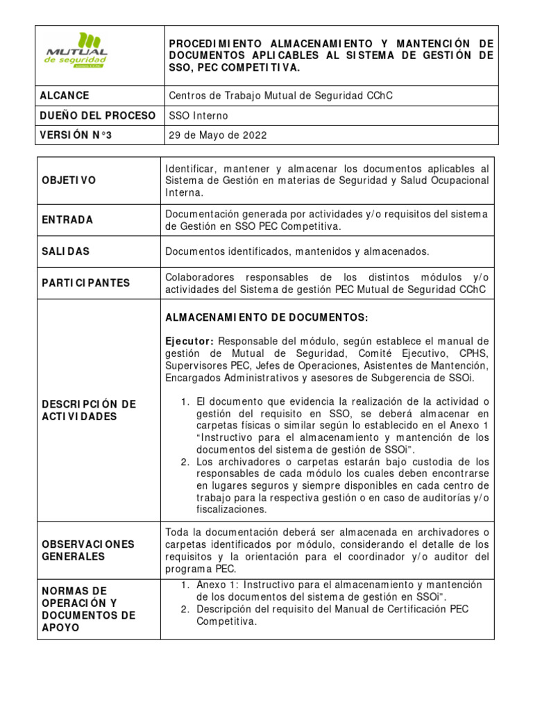 Ssoi 2019 V003 Procedimiento de Almacenamiento Del Sistema de Gestión Pec | PDF
