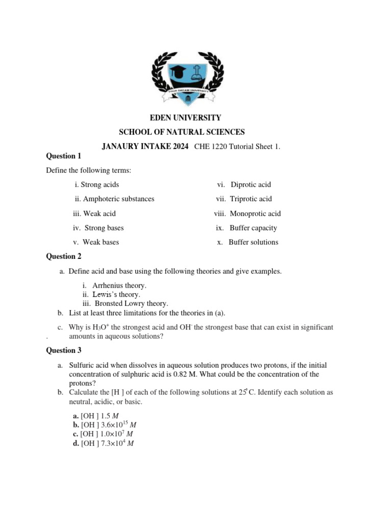 CHE1220 Tutorial Sheet 1 | PDF | Acid | Ph
