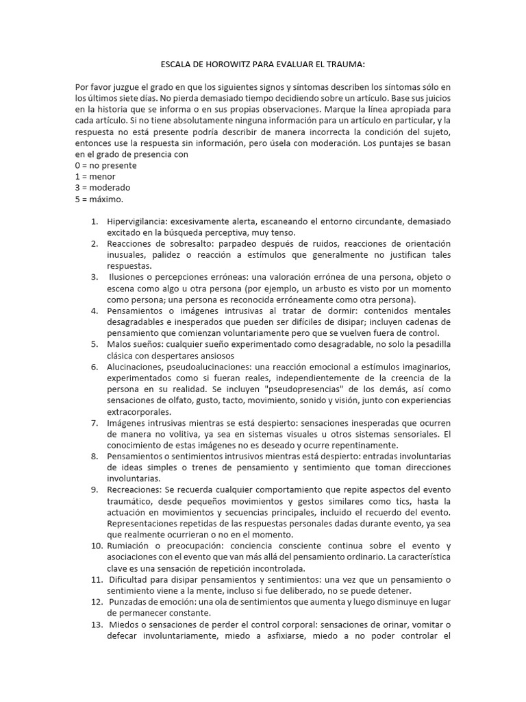Evaluación del Trauma: Escala Horowitz | PDF | Pensamiento | Trauma ...