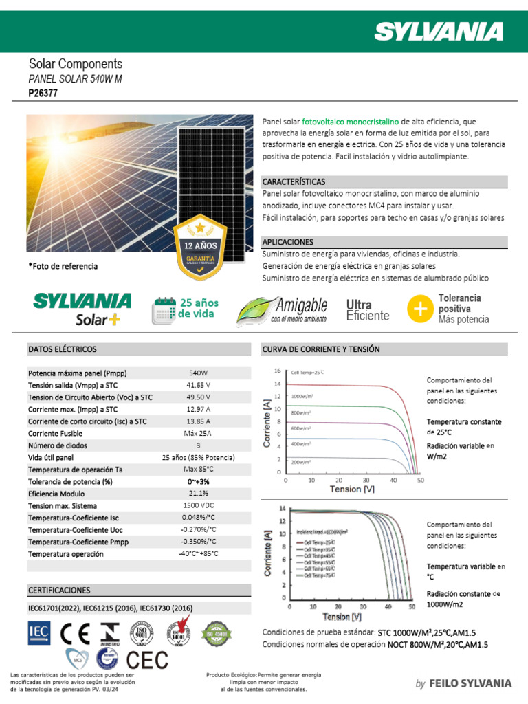 P26377-Panel Solar 540w M (Ficha - v24) | PDF | Energía solar | Panel solar