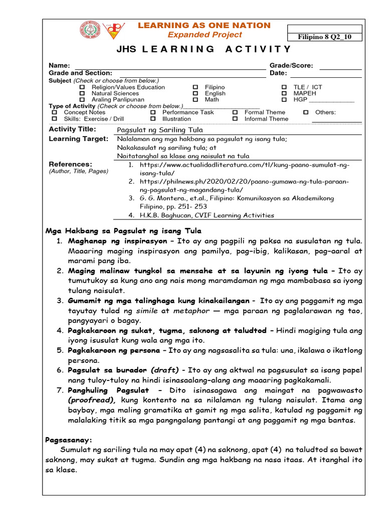 Filipino 8 Q2 LAS 10 Pagsulat NG Sariling Tula | PDF