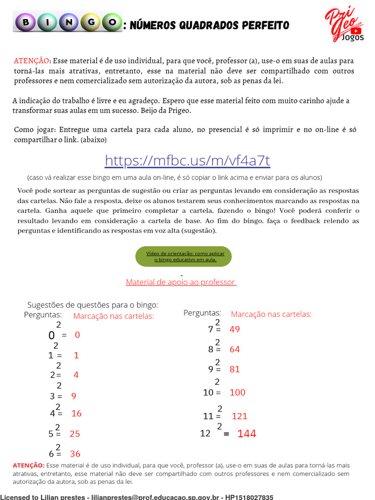 Bingo+Números+Quadrados+Perfeito PDF+ (Documento+A4) | PDF | Jogos ...