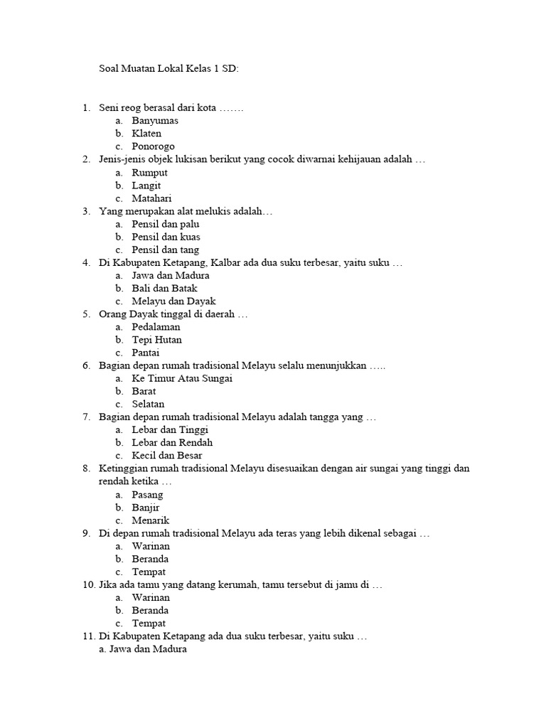 Soal Muatan Lokal Kelas 1 SD | PDF