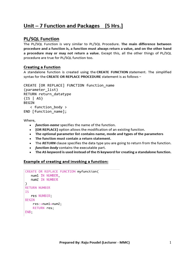 Unit 7 Functions And Packages Pdf Plsql Parameter Computer