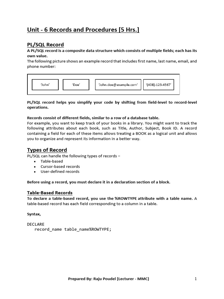 Unit-6 Records & Procedures | PDF | Pl/Sql | Computing