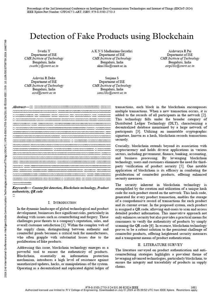 Detection of Fake Products Using Blockchain | PDF | Authentication | Qr Code