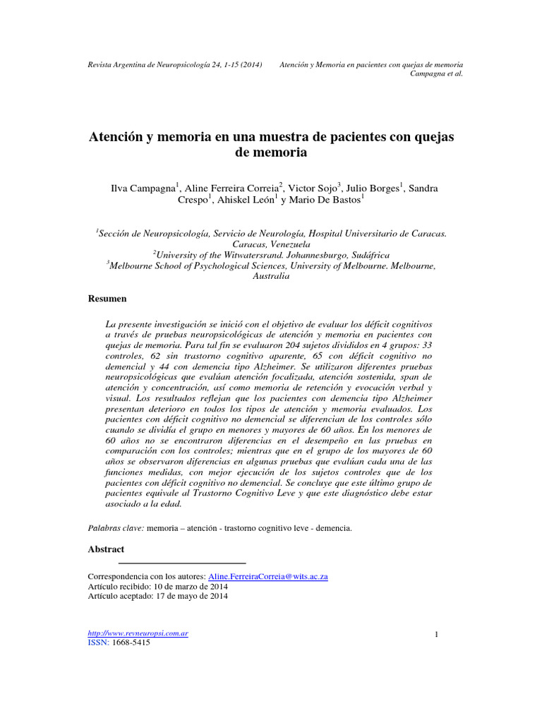 Atención y Memoria en Pacientes Con Quejas de Memoria | PDF | Demencia ... Atención y Memoria en Pacientes Con Quejas de Memoria | PDF | Demencia ...