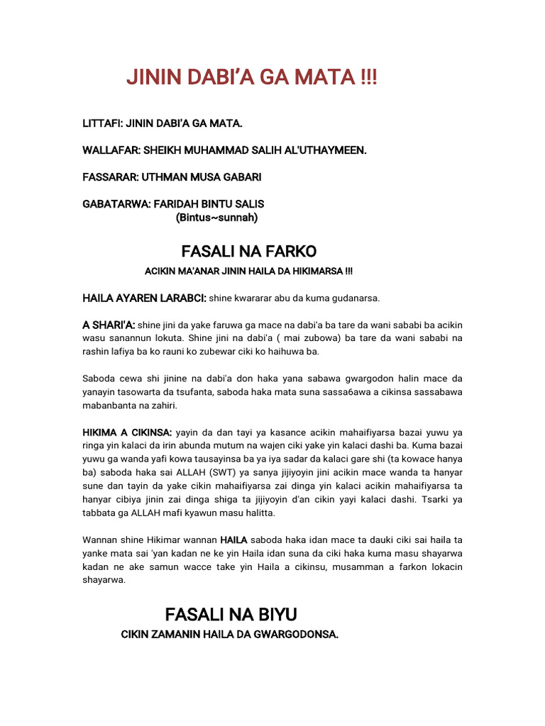 Jini Dabi'a Ga Mata | PDF | Islamic Texts | Islamic Fundamentalism