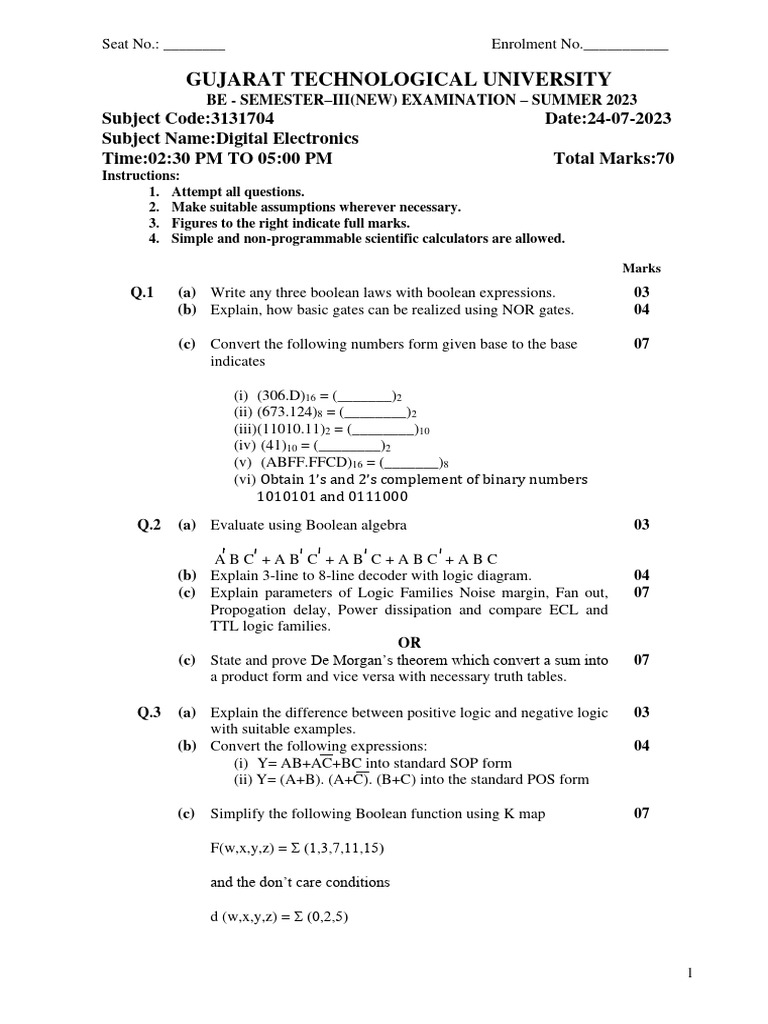 Digital Electronics Exam Guide | PDF | Logic Gate | Boolean Algebra