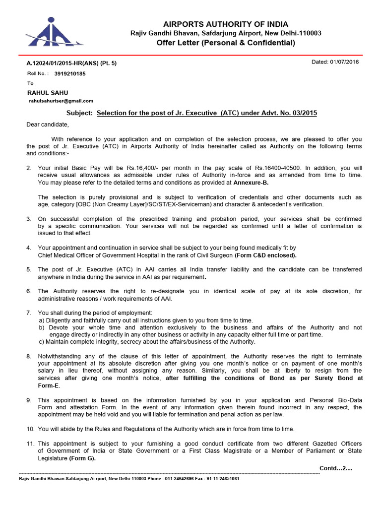 Offer Letter AAI JE ATC Sampada | PDF | Justice | Crime & Violence