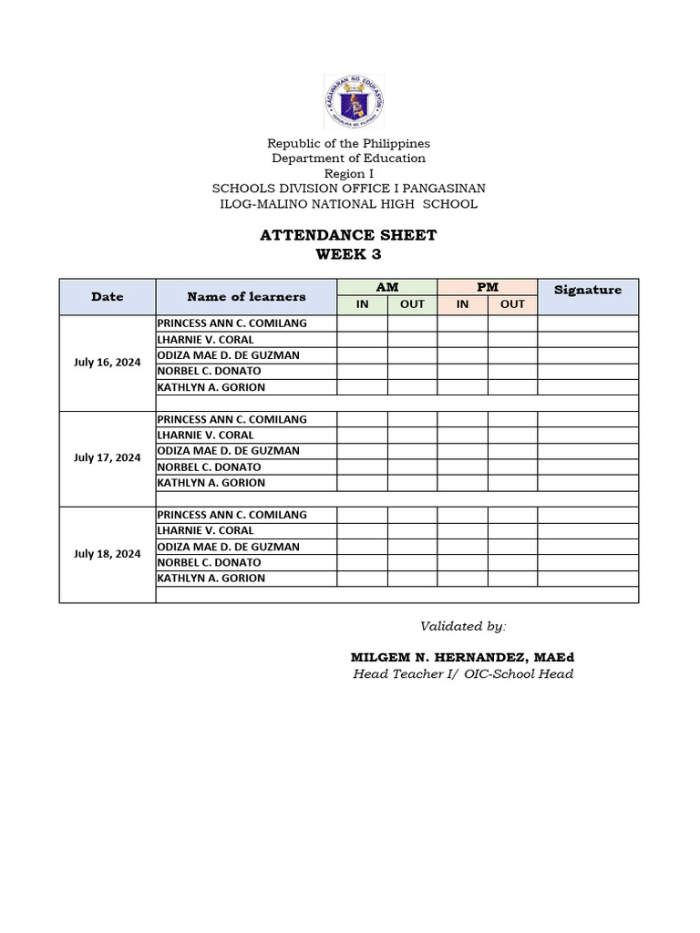 Enclosure 20 Attendance Sheet of Learners | PDF