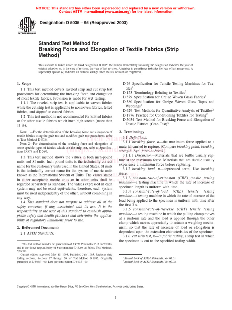 Astm D5035 95 2003 | PDF | Textiles | Ultimate Tensile Strength