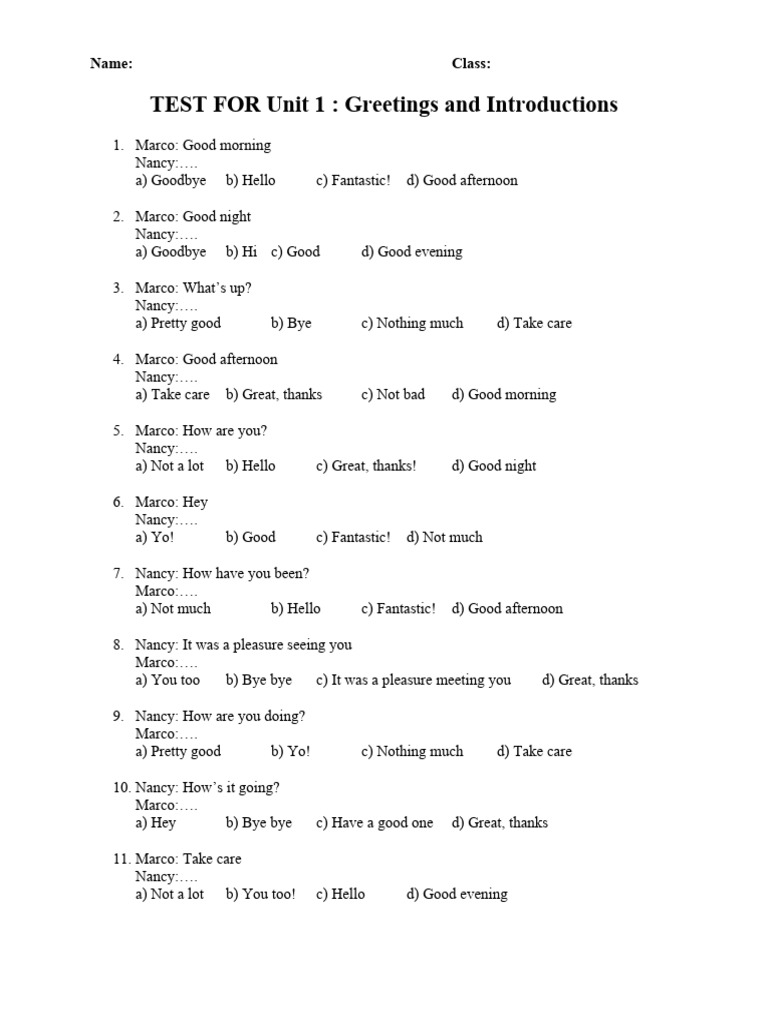 Unit 1 Test: Greetings & Introductions | PDF | Art