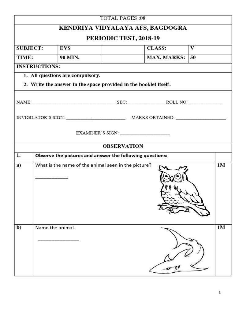KVS Class 5 PT1 Exam EVS Sample Question Paper 2018 by KV Bagdogra ...