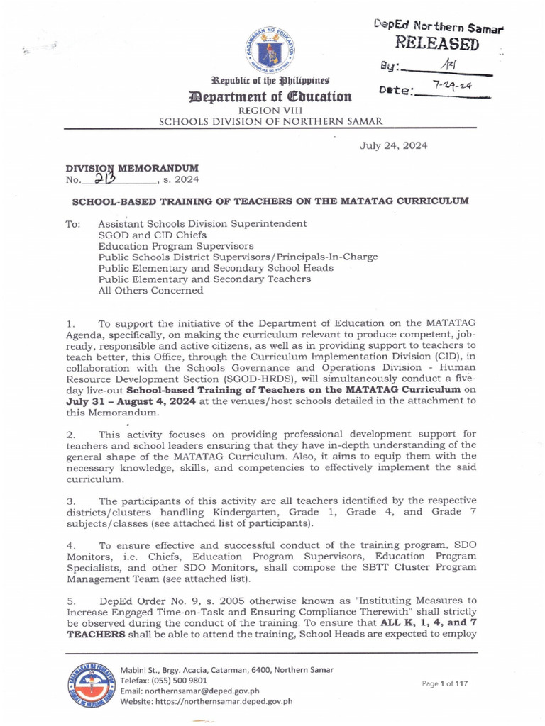 Division Memo SBTT Matatag | PDF | Teachers | Curriculum