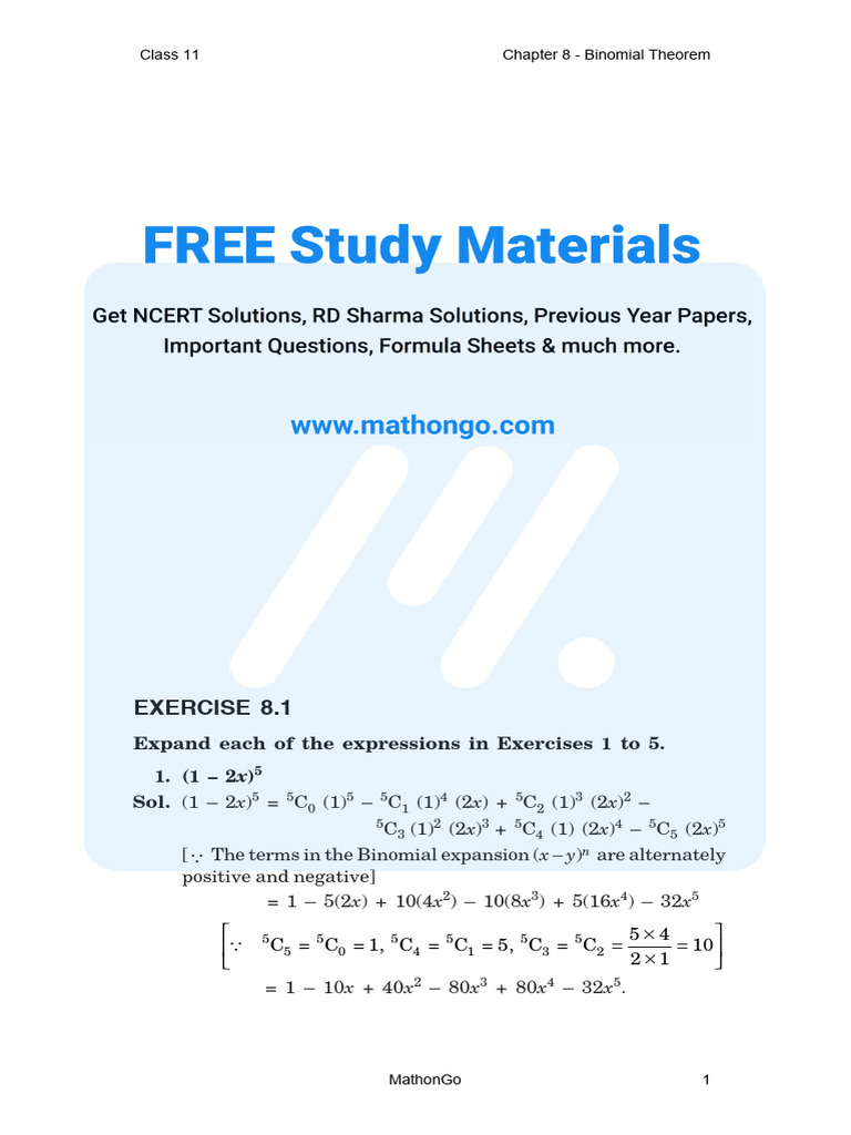 NCERT Solutions Class 11 Maths Chapter 8 Binomial Theorem | PDF | Mathematics | Number Theory
