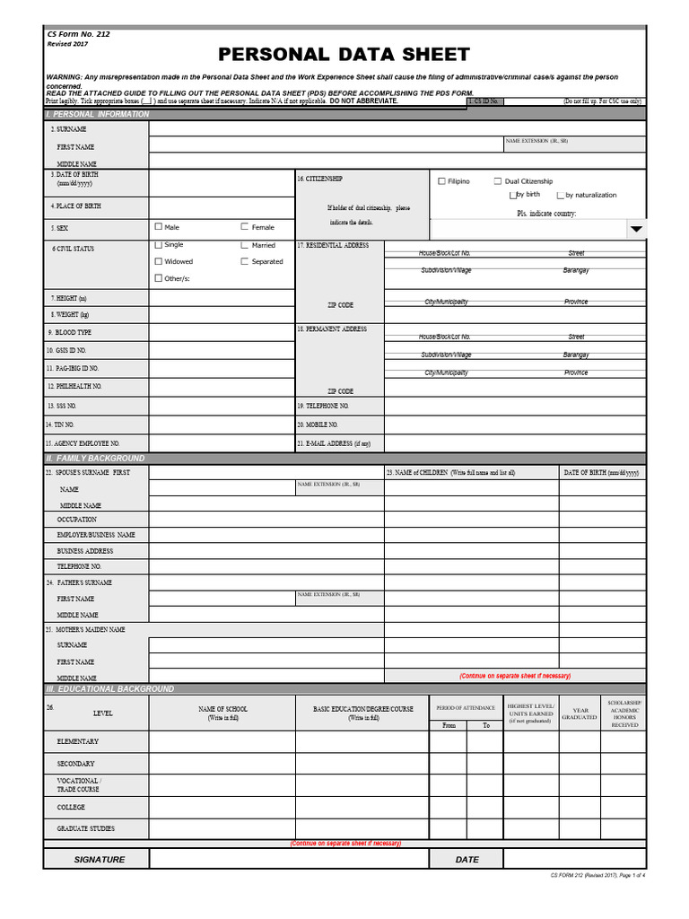 CS Form No. 212 Personal Data Sheet Revised | PDF | Passport | Justice