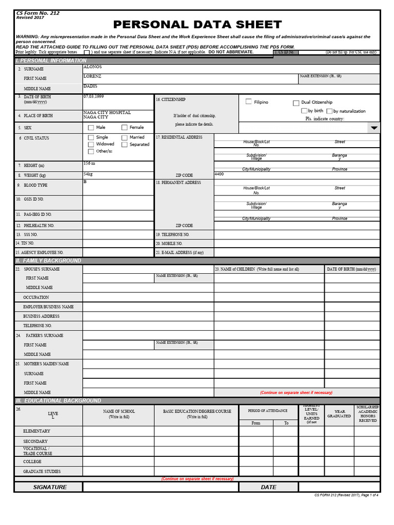 Personal Data Sheet CS Form 212 | PDF | Government | Justice