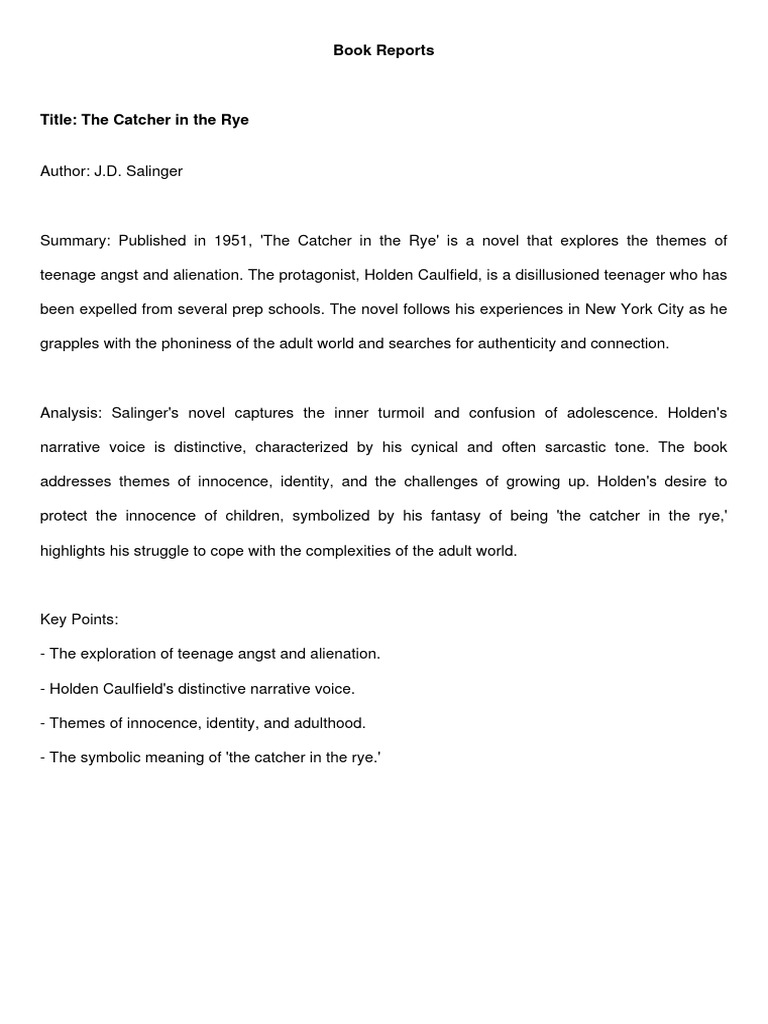 Catcher in the Rye Book Report Summary | PDF