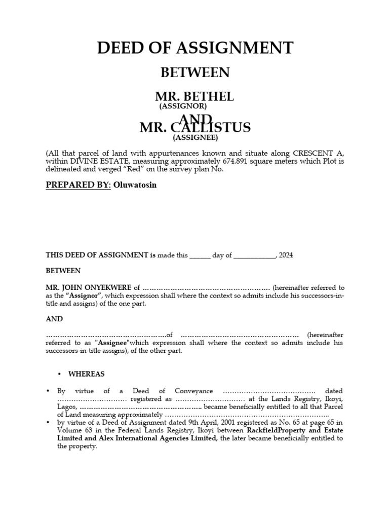 Deed of Assignment | PDF | Assignment (Law) | Contract Law