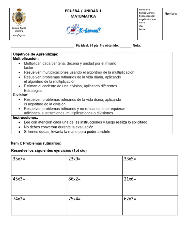 Prueba de Matemáticas: Multiplicación y División | PDF | Multiplicación ...