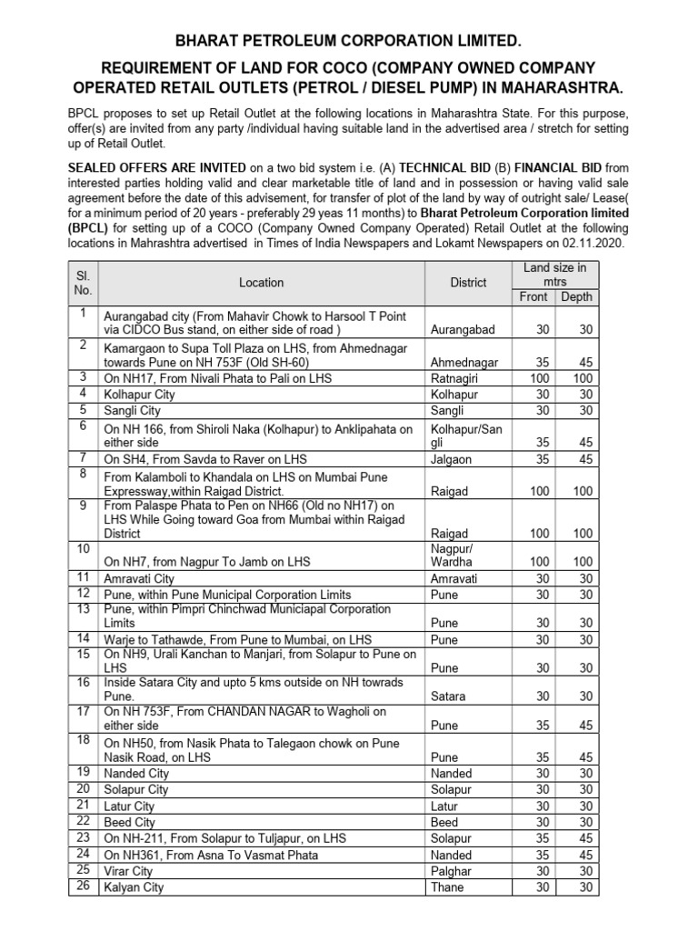 BPCL COCO Retail Outlet Land Requirement | PDF | Deed | Lease