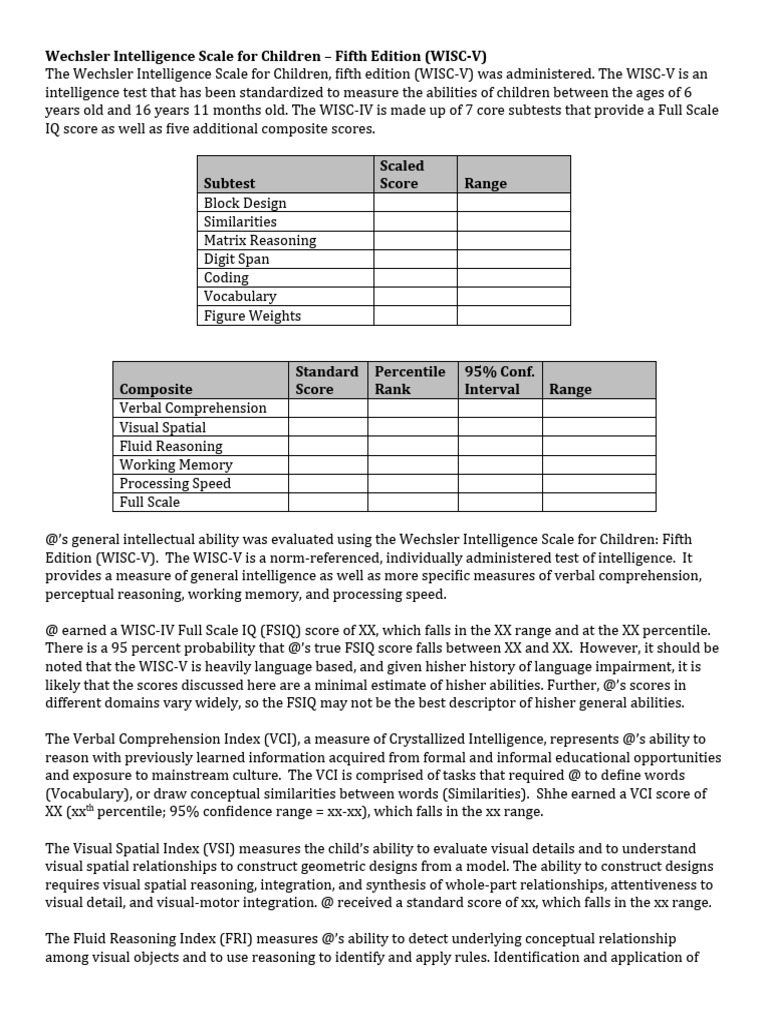 Wechsler Intelligence Scale For Children - Fifth Edition (WISC-V) | PDF ...