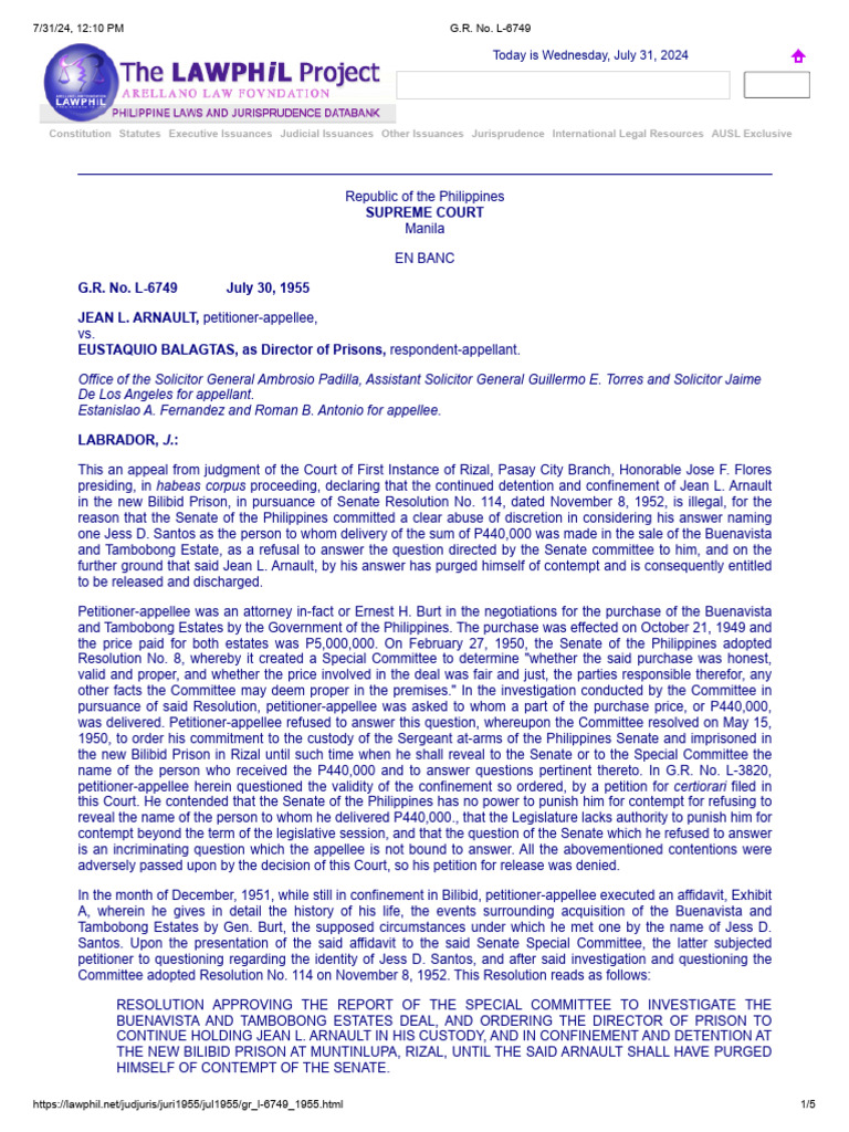 Arnault V Balagtas, 97 Phil 358 | PDF | Contempt Of Court | Habeas Corpus