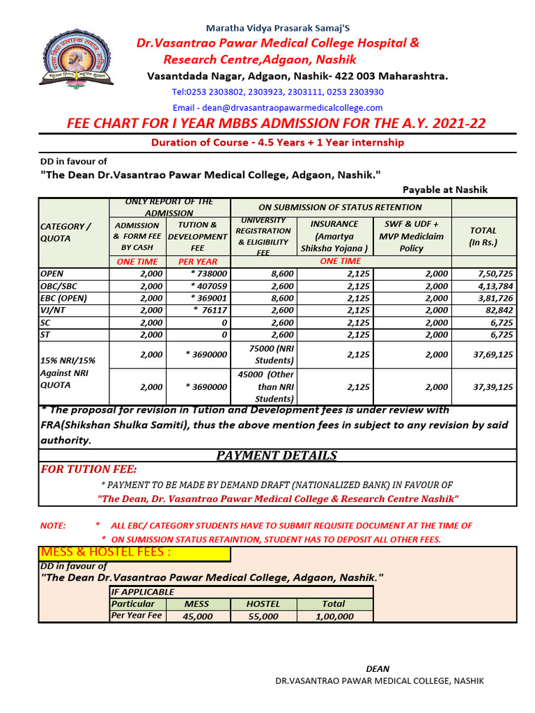 MBBS Admission Fee Structure 2021-22 | PDF | Financial Services