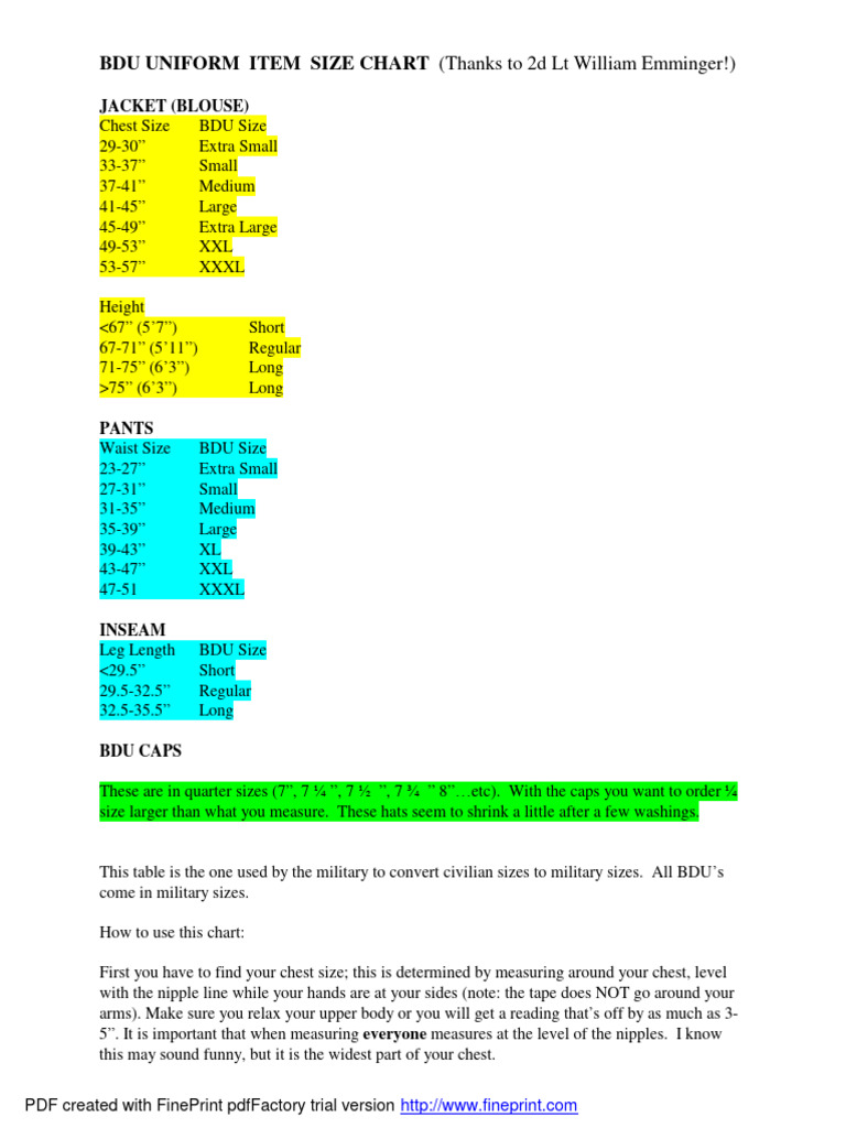 BDU Uniform Size Chart Guide | PDF | Clothing | Fashion