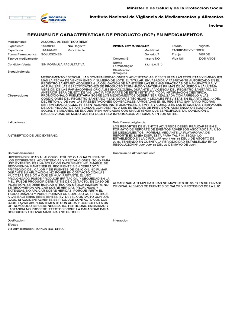 Registro Invima Alcohol Antiseptico Remy | PDF | Medicamentos con ...
