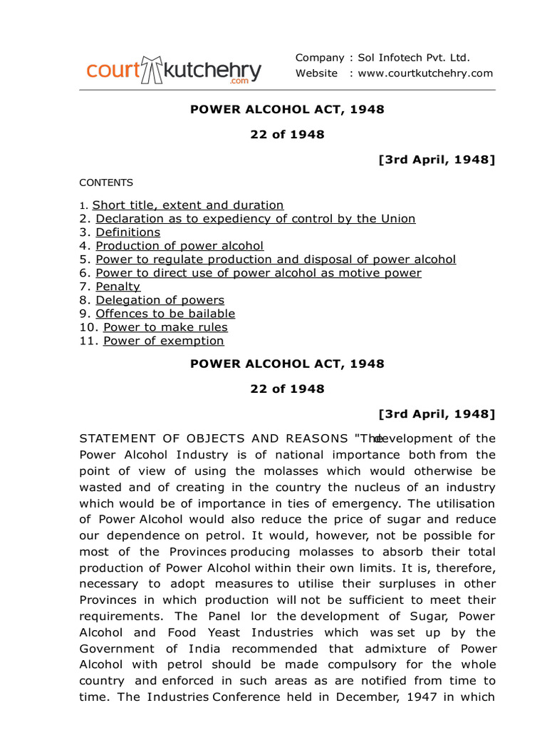 Power Alcohol Act, 1948 | PDF | Ethanol | Sugar