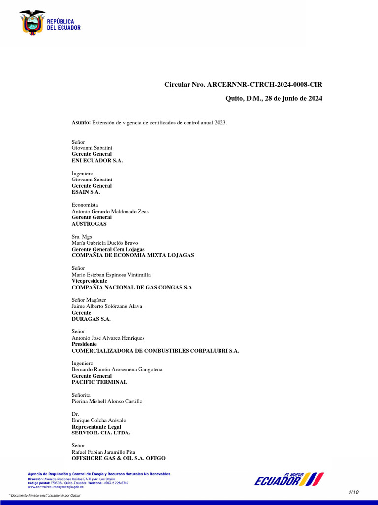 Arcernnr CTRCH 2024 0008 Cir | PDF | Hidrocarburos | Ecuador