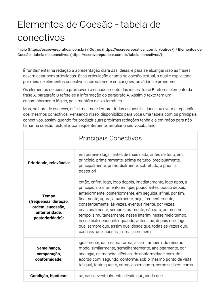 Elementos de Coesão - Tabela de Conectivos | PDF | Tempo | Science