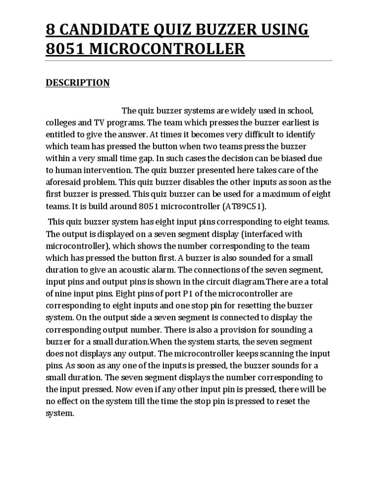8 Candidate Quiz Buzzer Using 8051 Micro Controller | PDF | Microcontroller | Bipolar Junction ...