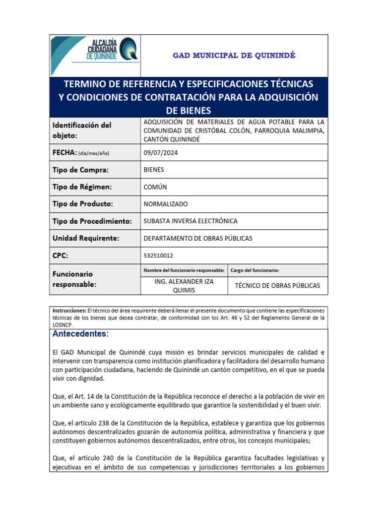 Termino de Referencia Y Especificaciones Técnicas Y Condiciones de Contratación para La ...