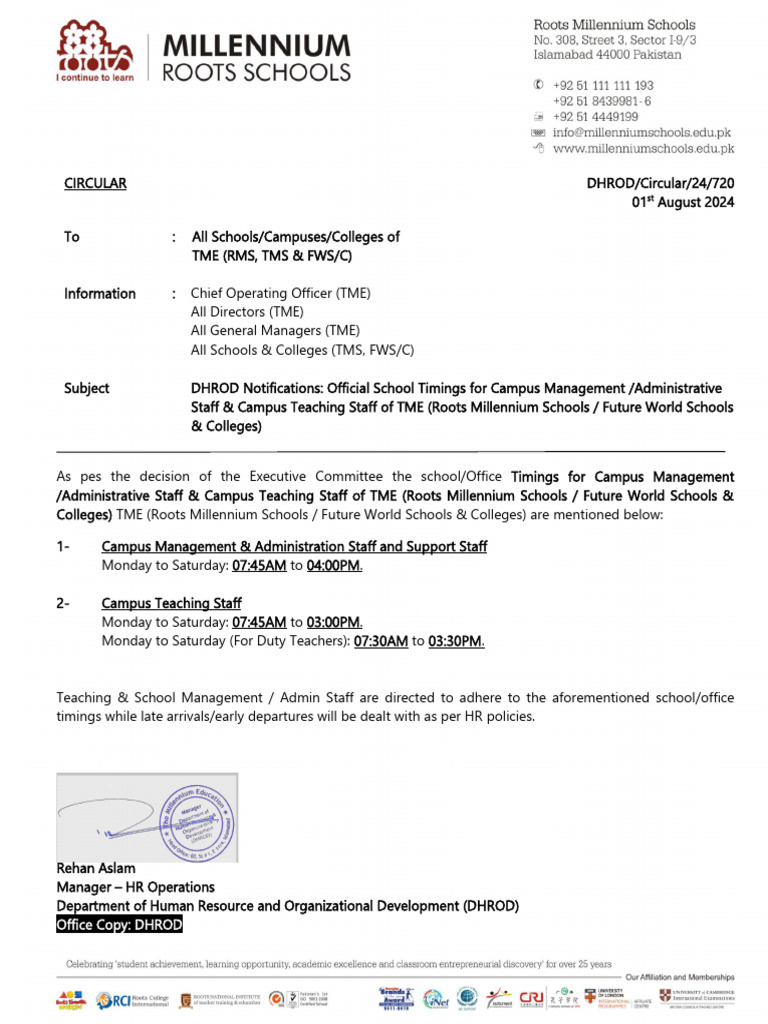 Official School Timings for TME Staff | PDF | Career & Growth | Business