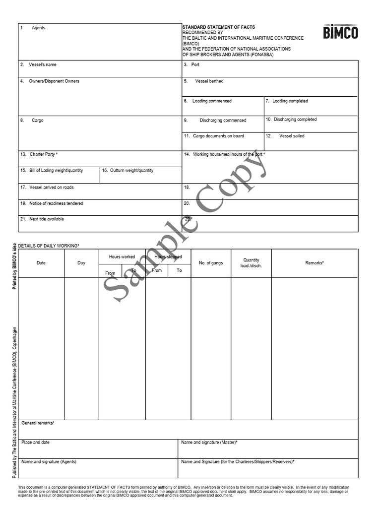 BIMCO Statement of Facts Template | PDF | Ships | Freight Transport
