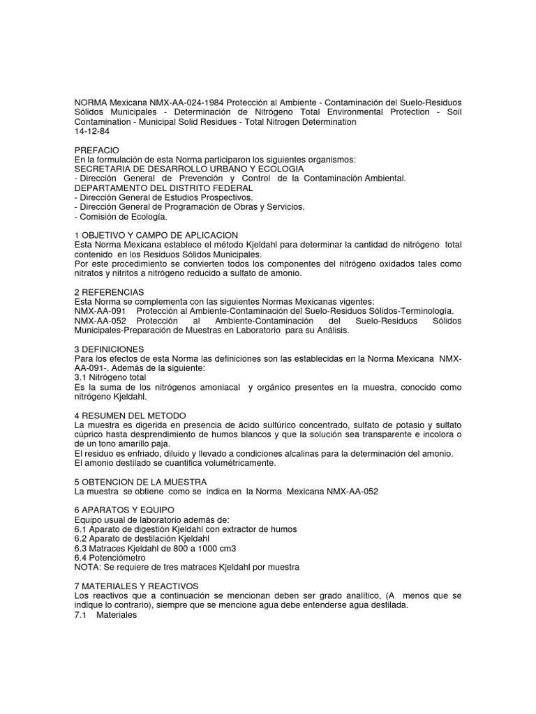 NMX Aa 024 1984 | PDF | Ácido sulfúrico | Nitrógeno