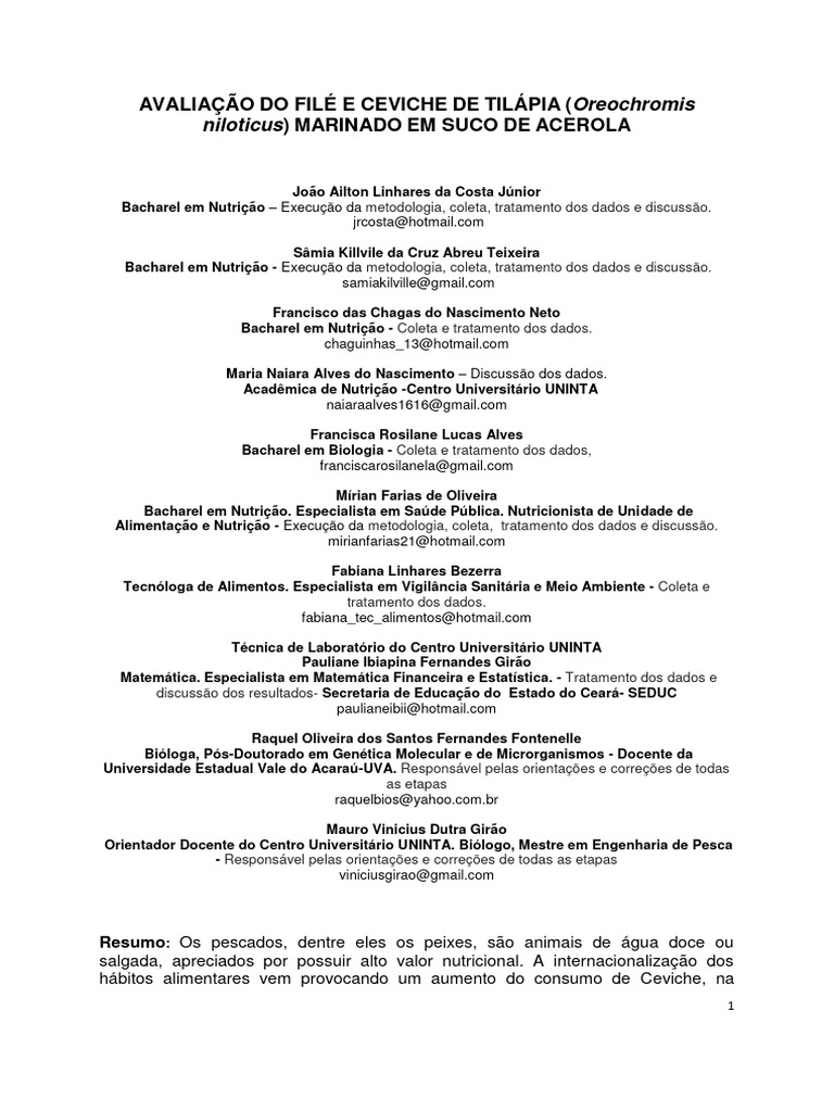 AVALIAÇÃO DO FILÉ E CEVICHE DE TILÁPIA (Oreochromis Niloticus) MARINADO ...